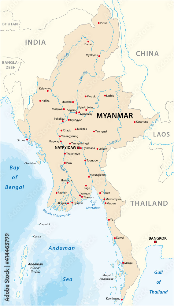 Republic of the Union of Myanmar vector map with major cities Stock ...