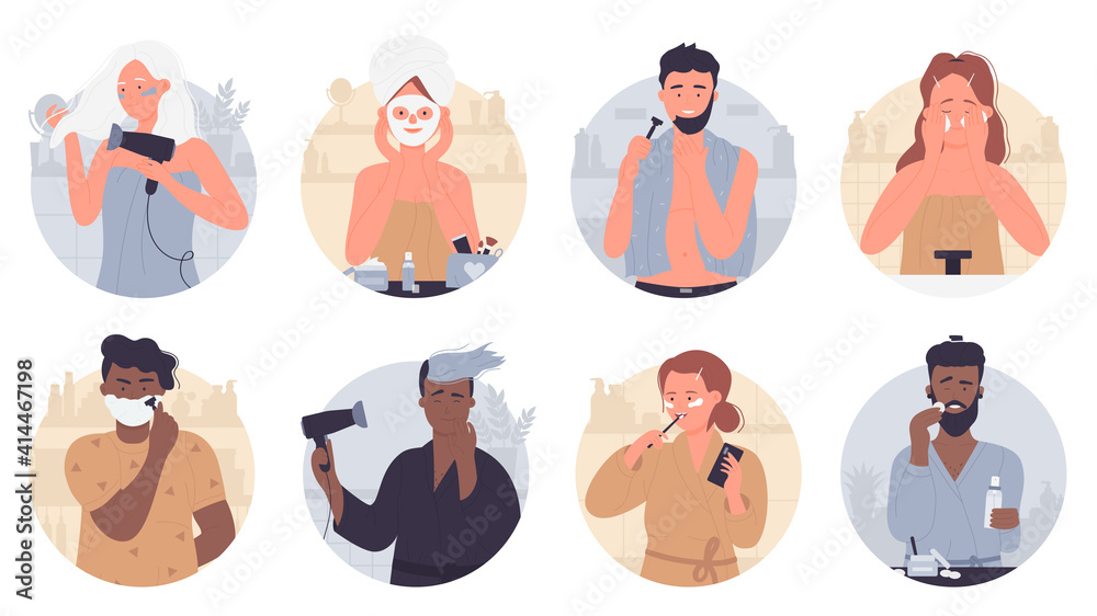 People in morning routine vector illustration set. Cartoon young woman ...