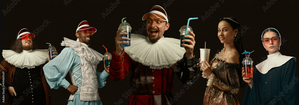 Summet mood cocktails. Medieval people as a royalty persons in vintage ...