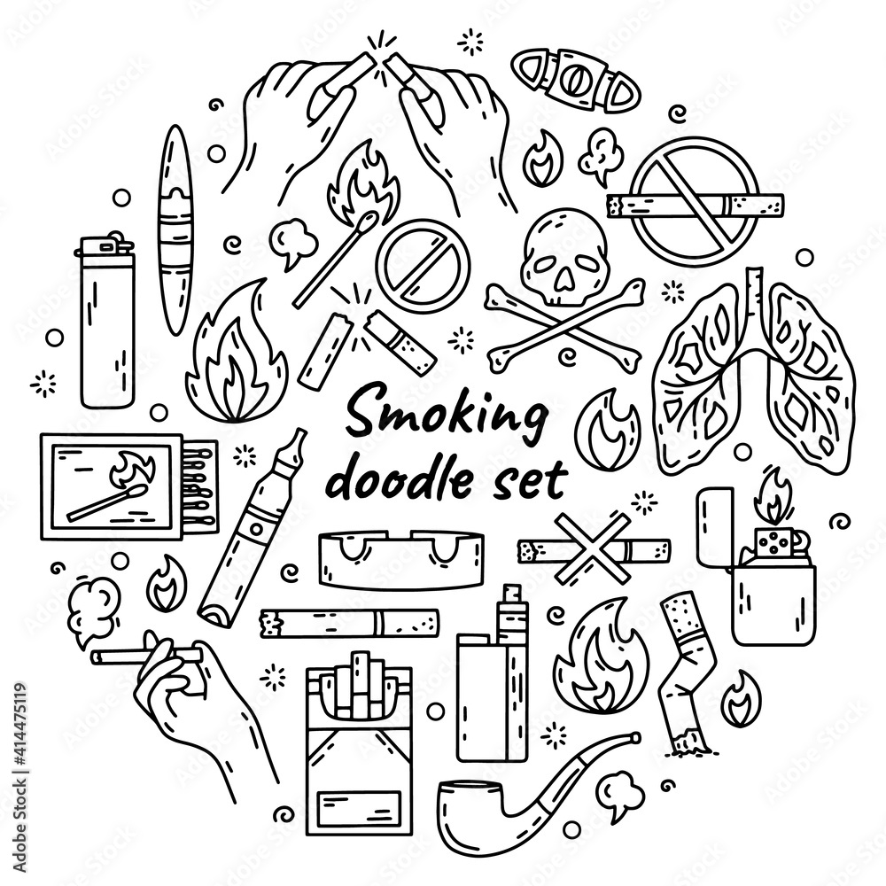 Cigarette smoking outline vector set in doodle style. The circle ...