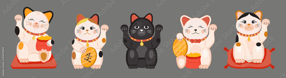 Maneki neko vector set isolated on brown background. Lucky cat in japanese traditional culture ...