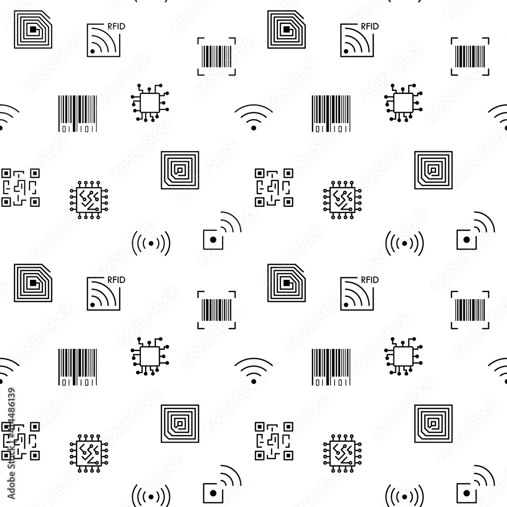 Seamless pattern of QR Code, barecode. Contains icons such as wireless ...