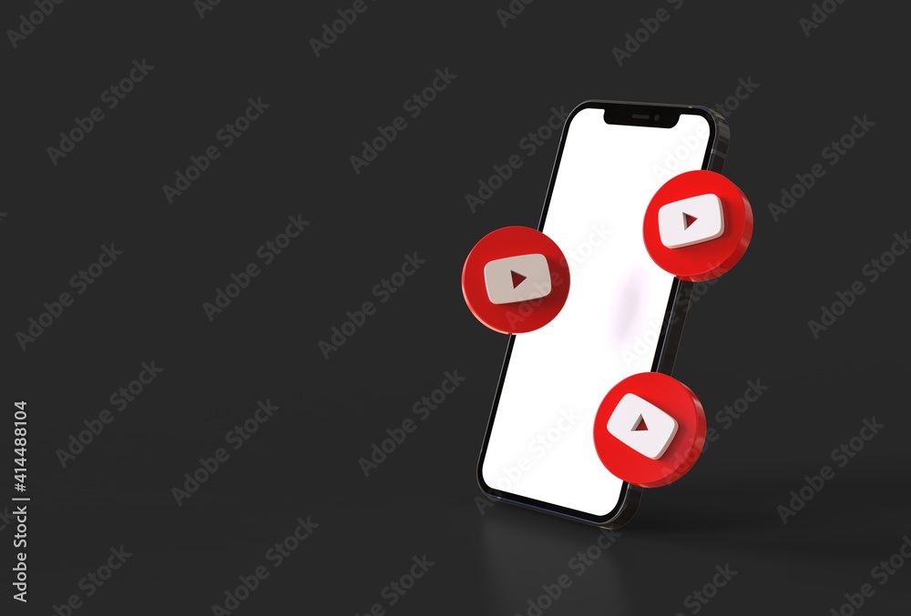 Smartphone mockup with youtube icons in realistic 3D rendering. Blank ...