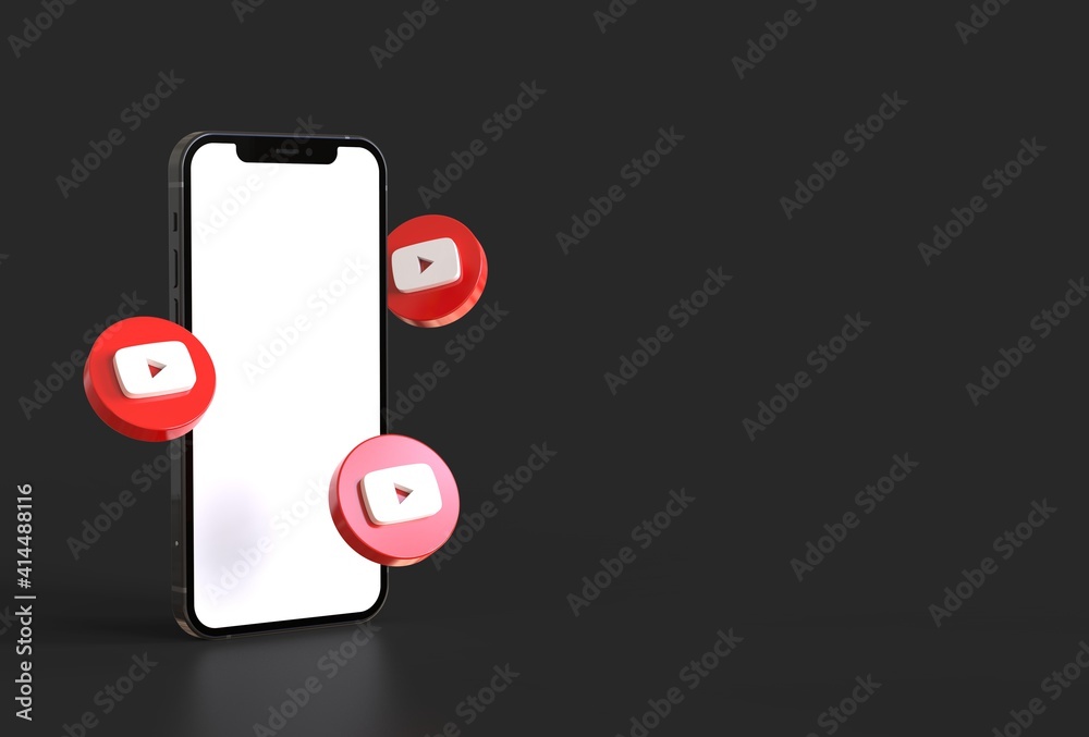 Smartphone mockup with youtube icons in realistic 3D rendering. Blank ...