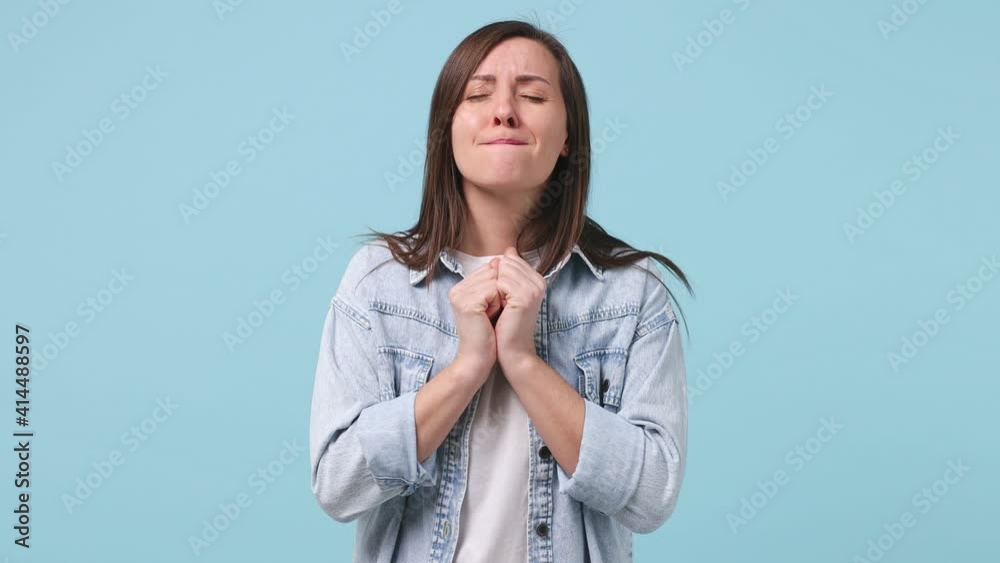 Pleading long hair young woman 30s years old in denim jacket white t ...