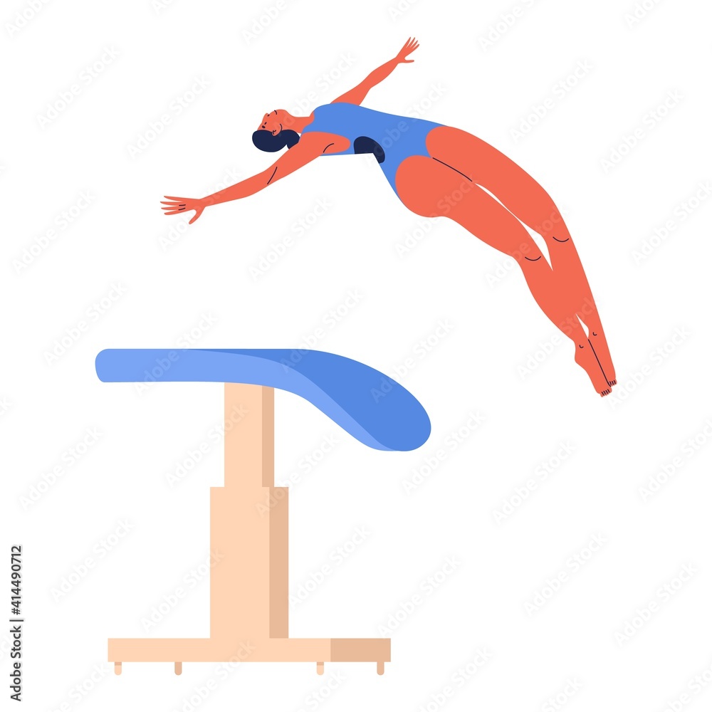 Woman jumping over vaulting table or horse apparatus during vault ...