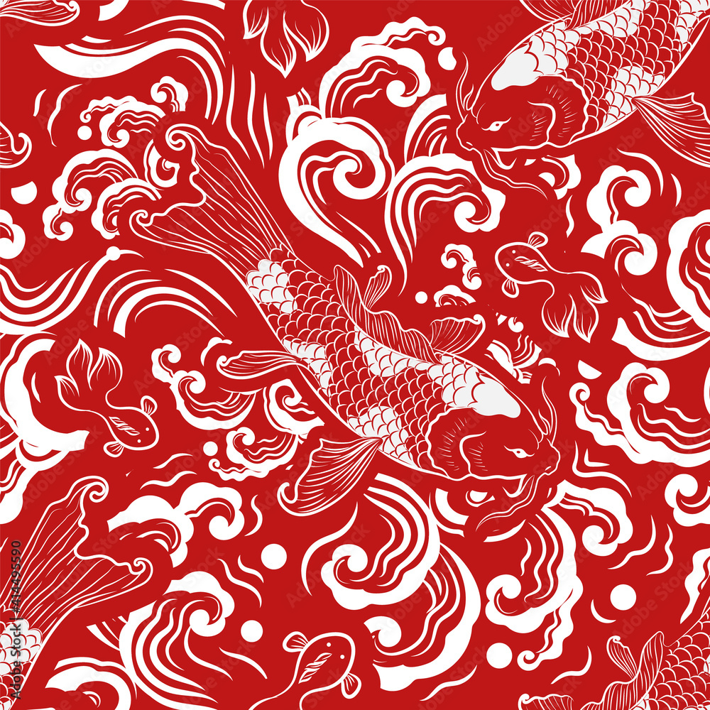 Seamless Art Japanese Repeat Pattern Swimming KOI Carp Fish and Little ...