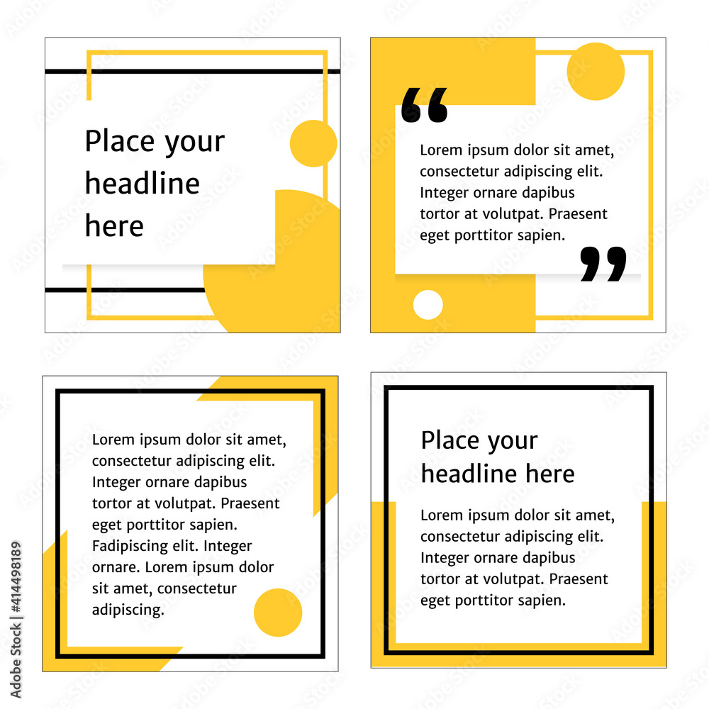 Set of 4 square banners with sample text. Yellow, white and black ...