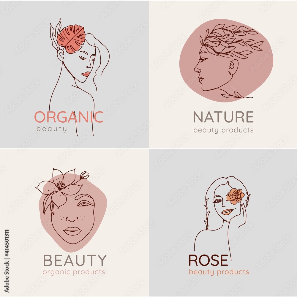 Continuous line drawing of face and hairstyle with leaves, flowers ...