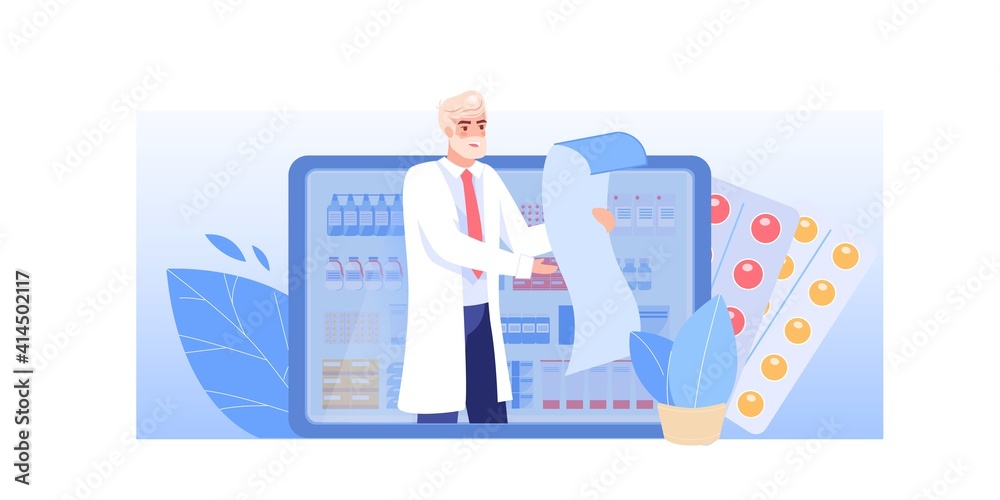 Vector cartoon flat doctor character at work.Physician character read ...