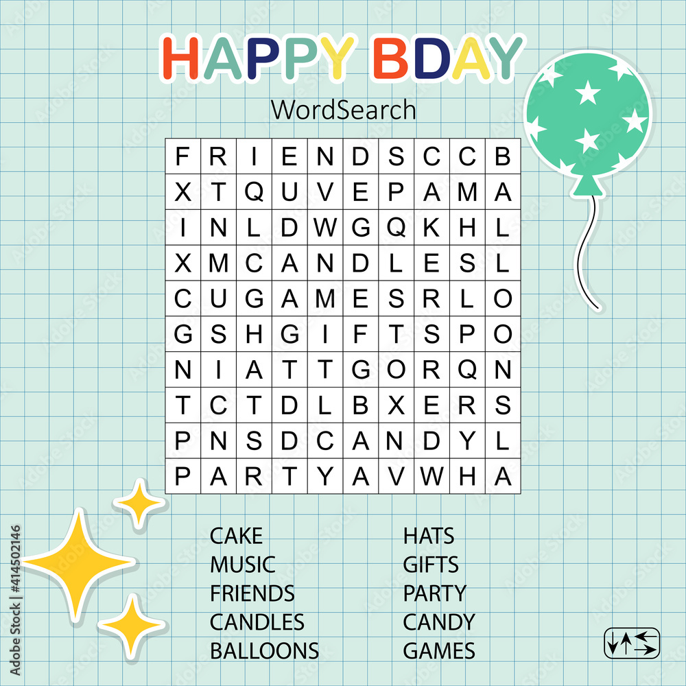 Happy Birthday word search puzzle. Educational game for kids. Crossword ...