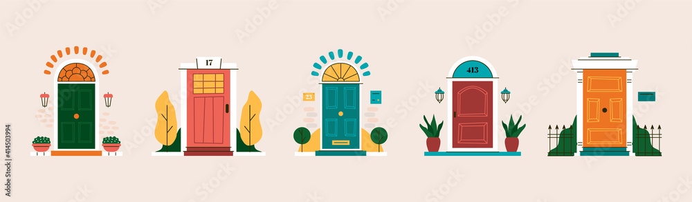 Abstract front door set. Hand drawn doorsteps, house entrance brick ...