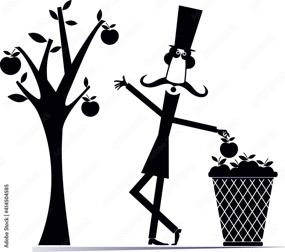 Cartoon gardener, apple tree, big basket illustration. Comic long ...