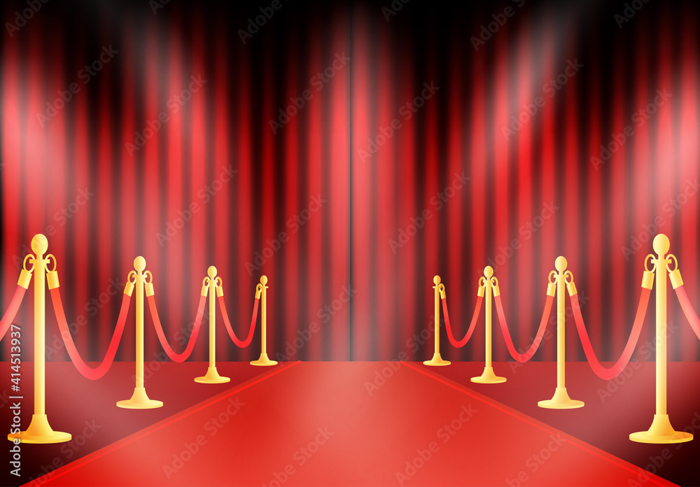 Red background with carpet, with path barriers 3d and closed curtain ...
