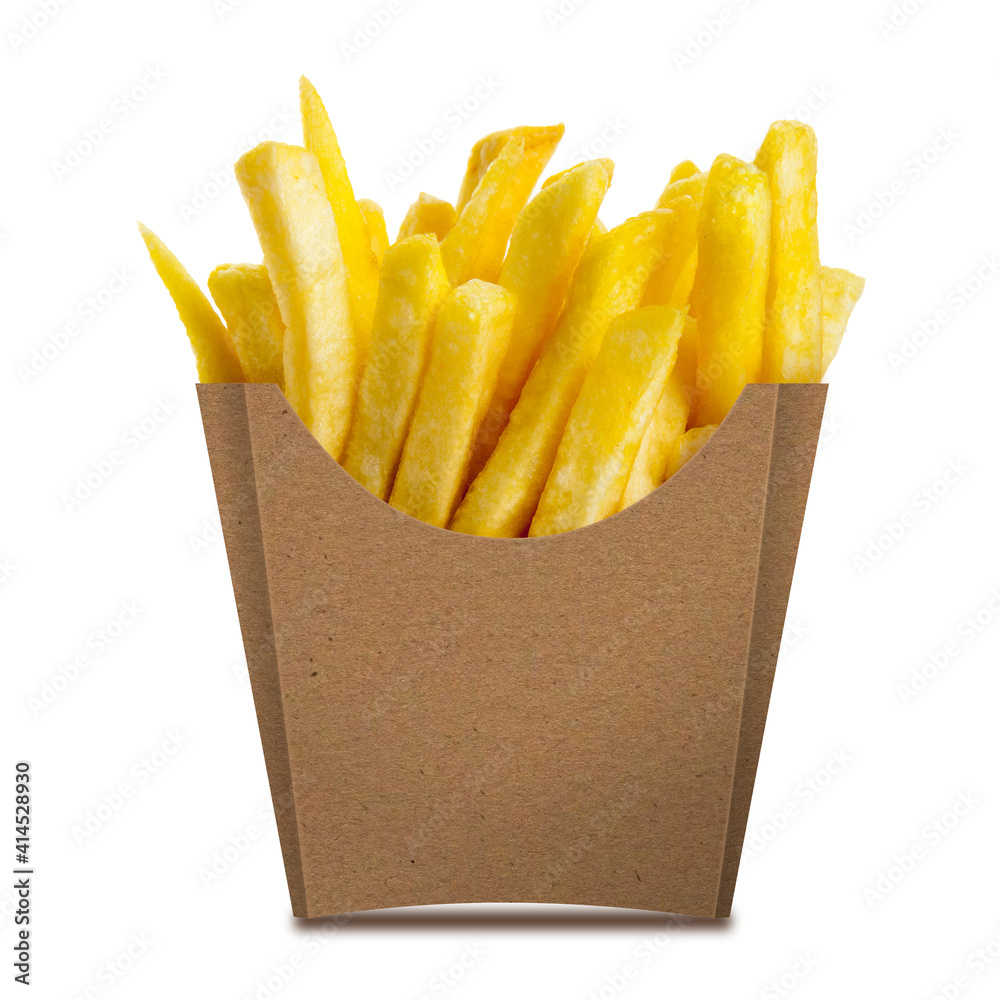 French fries in a brown kraft paper box isolated on a white background ...
