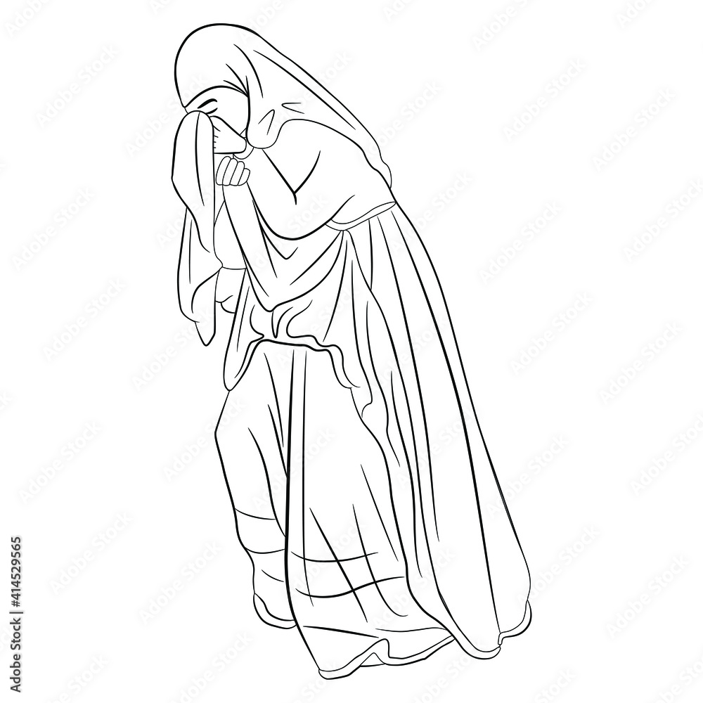 Crying or weeping medieval woman. Black and white linear silhouette ...