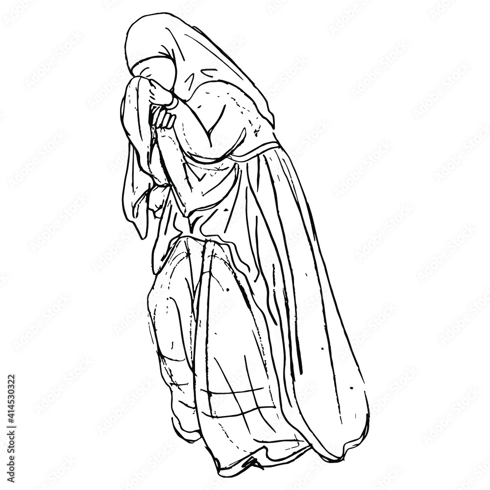 Crying or weeping medieval woman covering her face. Hand drawn linear ...