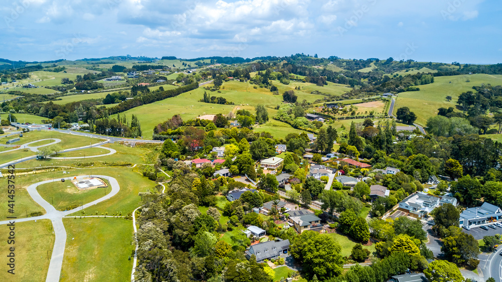 Aerial view of a little village in the middle of the countryside ...