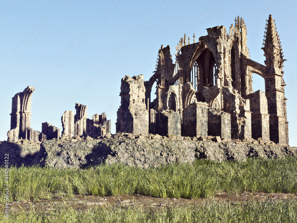 Ancient gothic stone architecture ruins with gargoyle statues in an ...