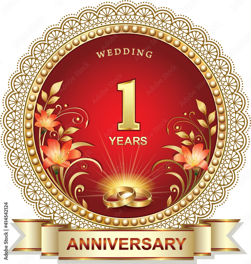 1th Anniversary, wedding card with golden numbers 1 year and rings in a ...