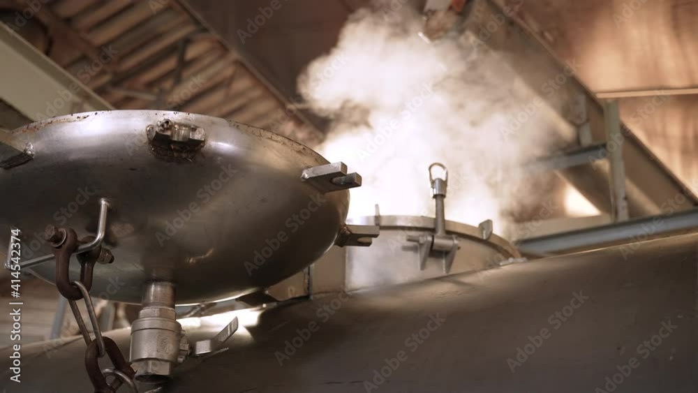 Scene of high pressure steam tank release hot fog steam, Big metal ...