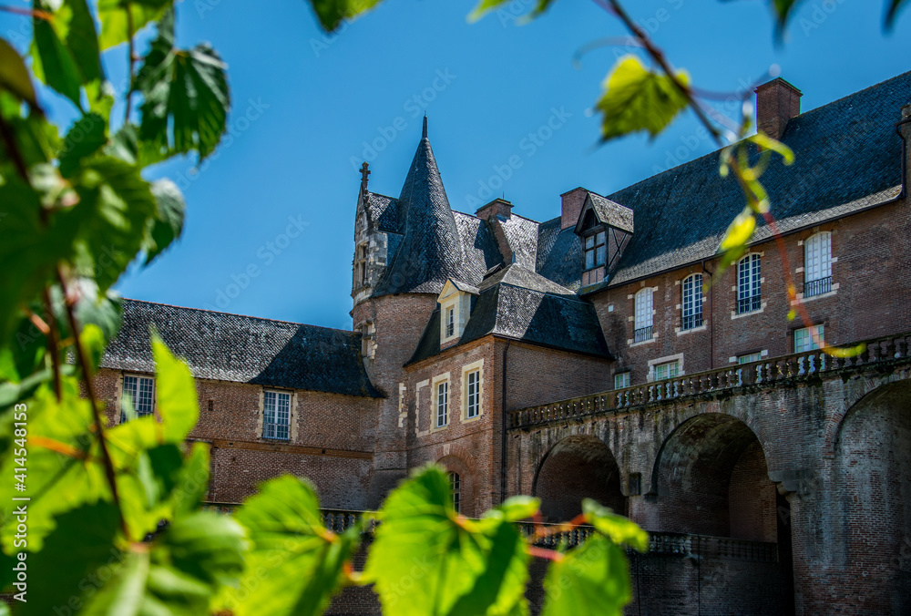Vista de una mansión medieval a través de los árboles de su jardín ...