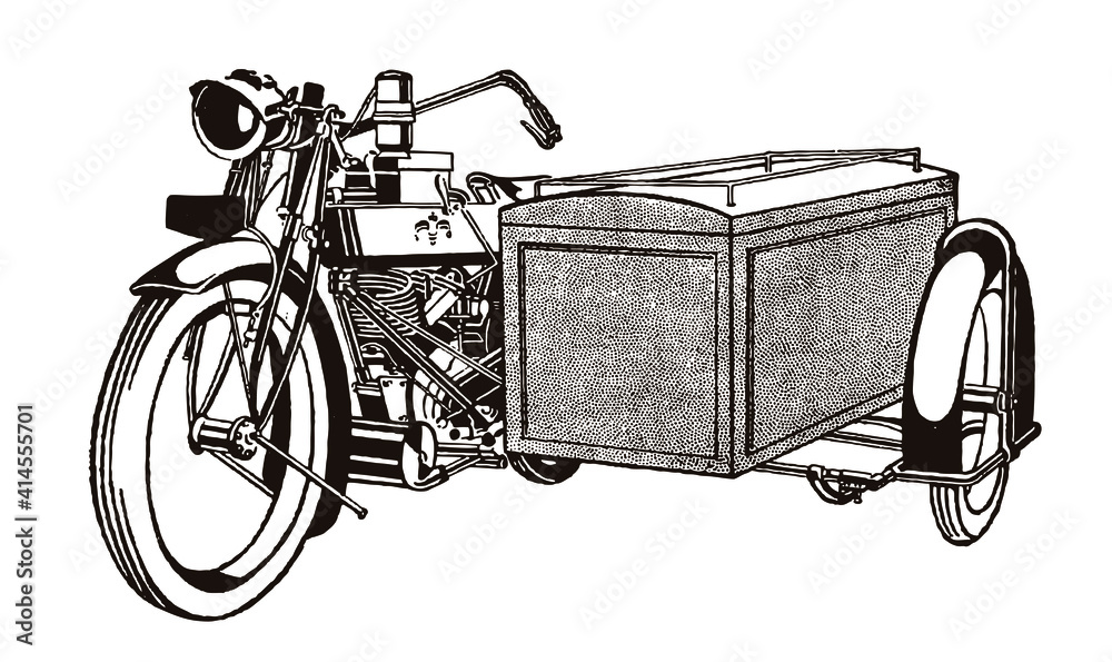 Antique motorcycle with delivery box sidecar in three-quarter view ...