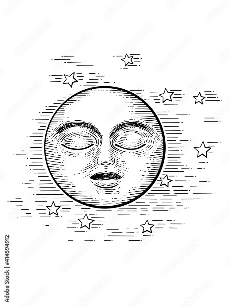 Moon with facial expression. Engraved, etching hand-drawn illustration ...