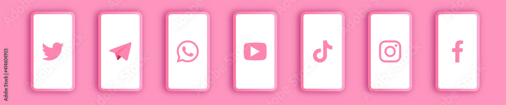 Modern pink smartphone mock up with blank social media icon screen ...