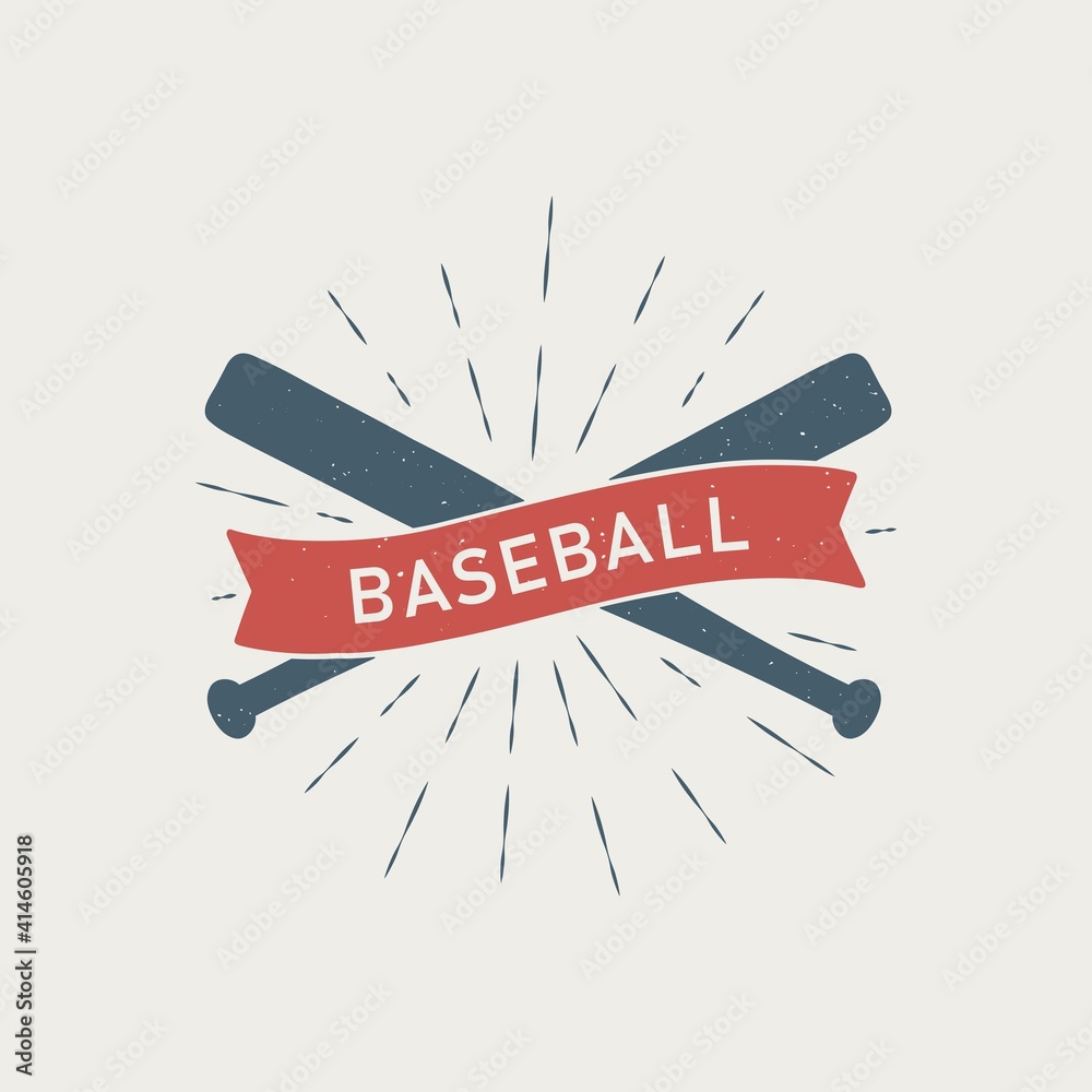 Colored illustration of a baseball bat, rays, text and ribbon on the ...