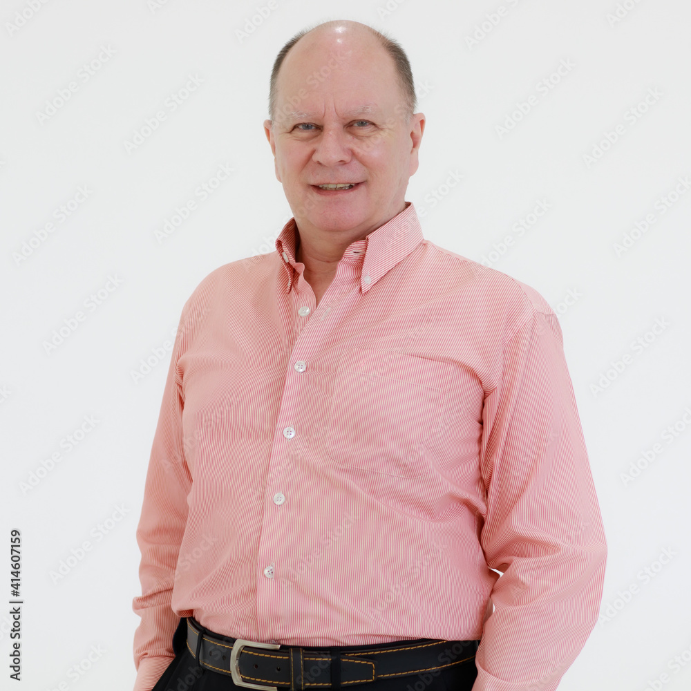Portrait of One fat caucasian adult businessman bald head standing ...