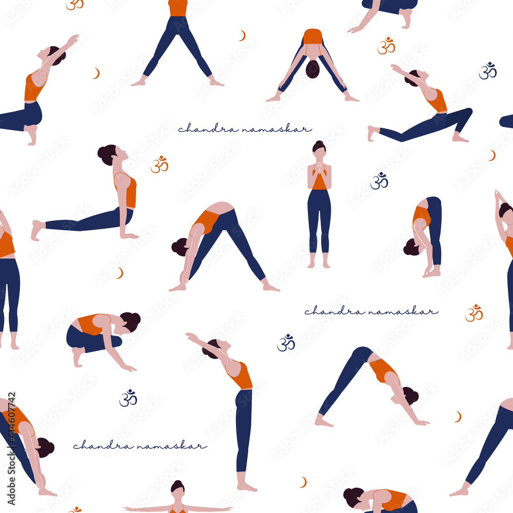 Yoga complex Salutation to the Moon seamless pattern. A woman ...
