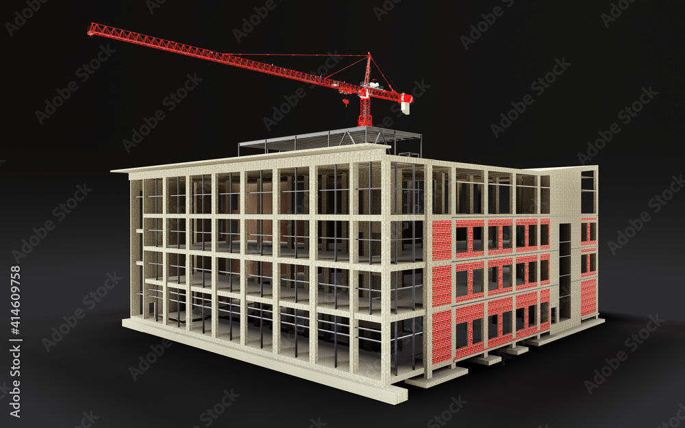 Building under construction 3D model with a construction crane on a ...