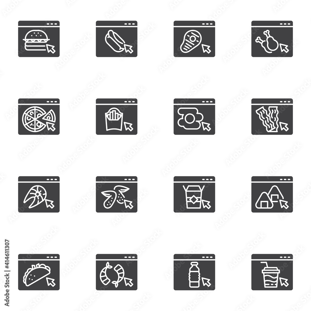 Online food ordering vector icons set, modern solid symbol collection ...