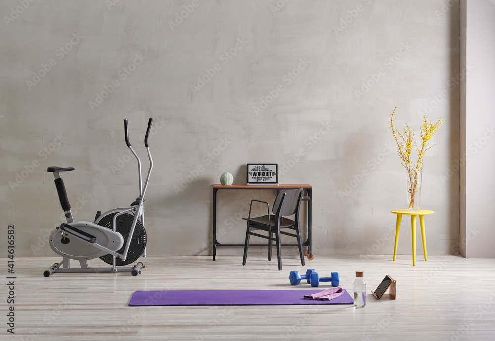 Training and sportive room, grey interior style, stone wall, bike and ...