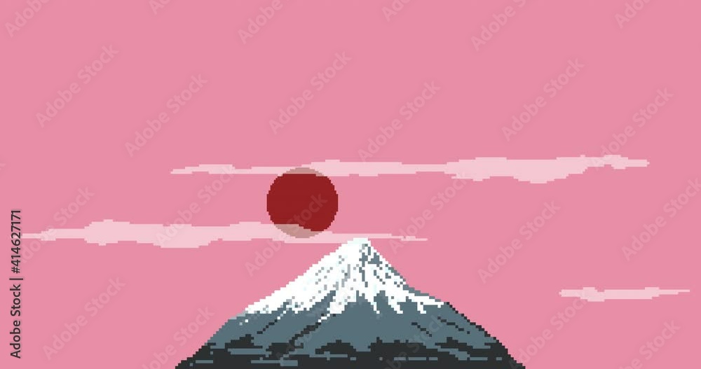 Fuji mountain at sunset and the red sun. Japan. Pixel art 8 bit ...