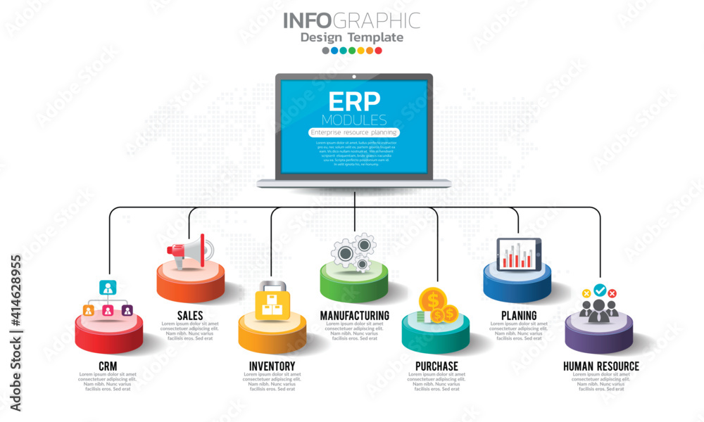 Infographic of enterprise resource planning (ERP) modules with diagram, chart and icon design ...