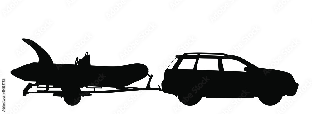 Car tows a rubber boat on a trailer vector silhouette illustration ...
