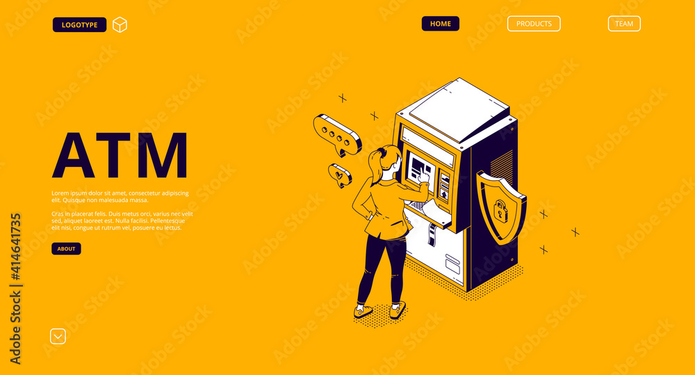 Vetor do Stock: Atm, automated teller machine isometric landing page. Woman enter password for ...