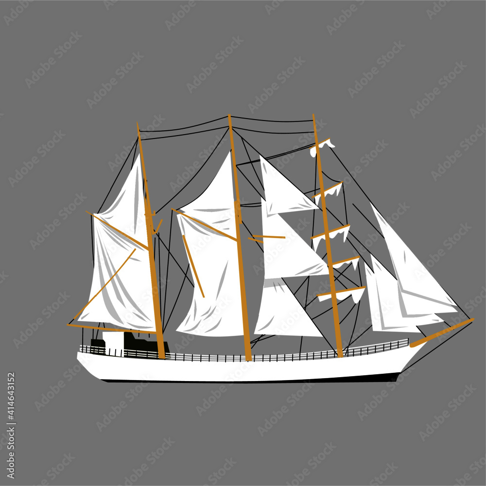 Vector vintage sailing ship at the sea viewed from side on white ...