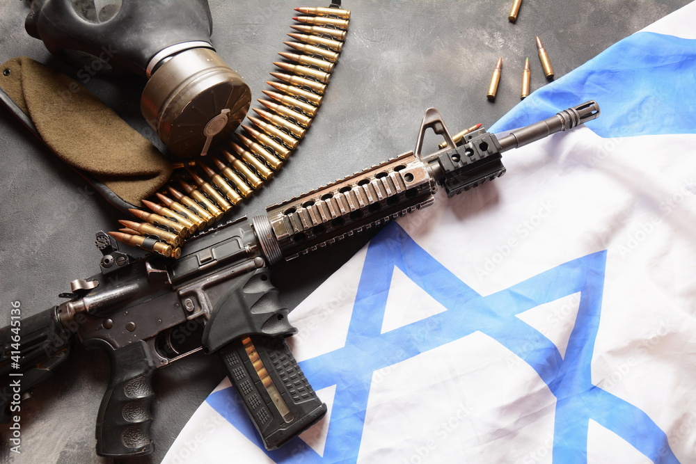 M4 carbine with Israeli flag on the background. Yom Ha'atzmaut ...
