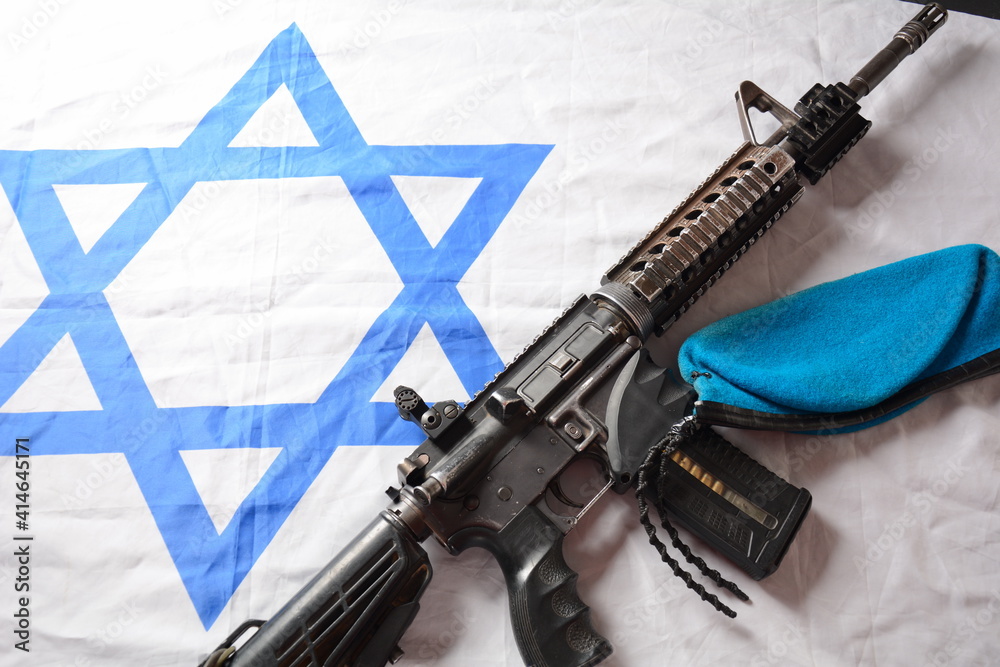 M4 carbine with Israeli flag on the background. Yom Ha'atzmaut ...