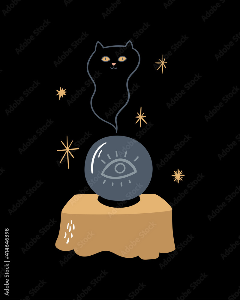 Vector magic illustration. Table with a crystal ball and ghost of cat ...
