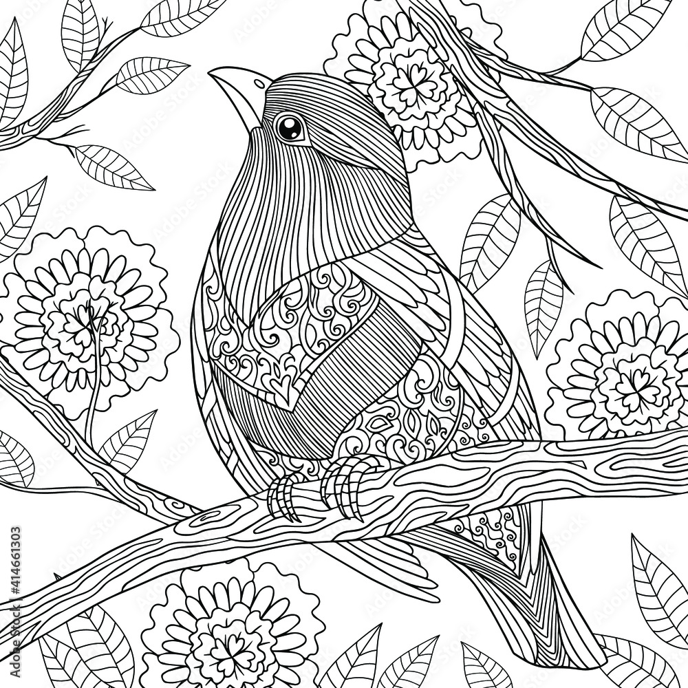 Coloring page little bird sitting on branch with flowers. Vector ...