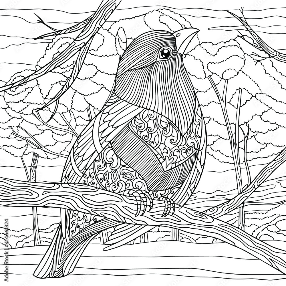 Coloring page little bird sitting on branch. Vector illustration with ...