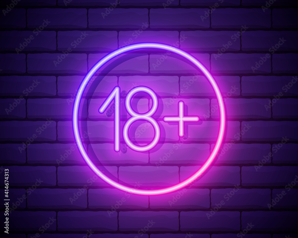 Eighteen plus, age limit, sign in neon style. Only for adults. Night ...