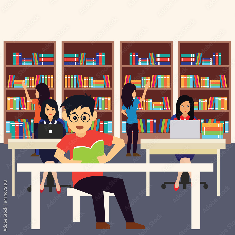 man and women in a library for working and reading a book. vector ...