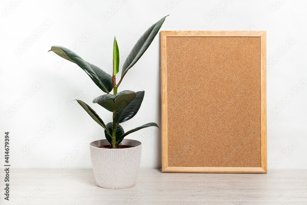 Poster with copy space. Mockup of a wooden frame with home plant ficus ...