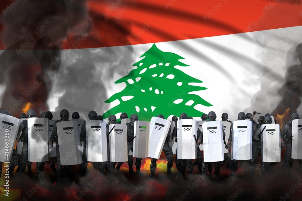 Lebanon protest stopping concept, police swat in heavy smoke and fire ...