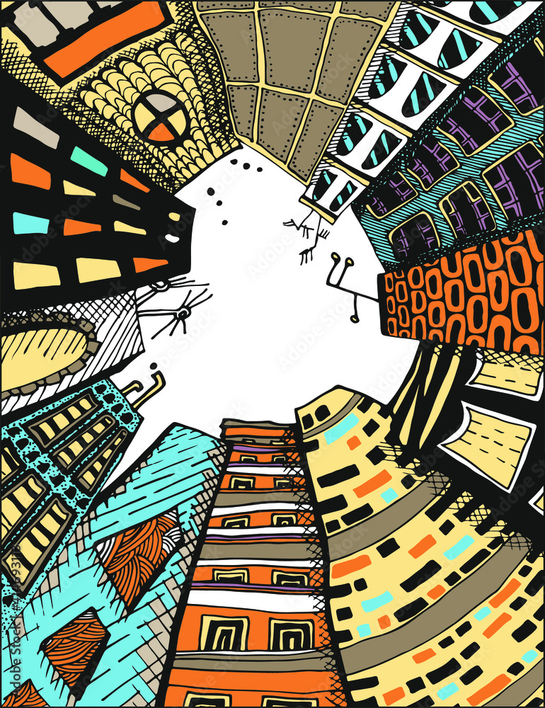 Unusual perspective of the city, drawn sketch, vector illustration ...